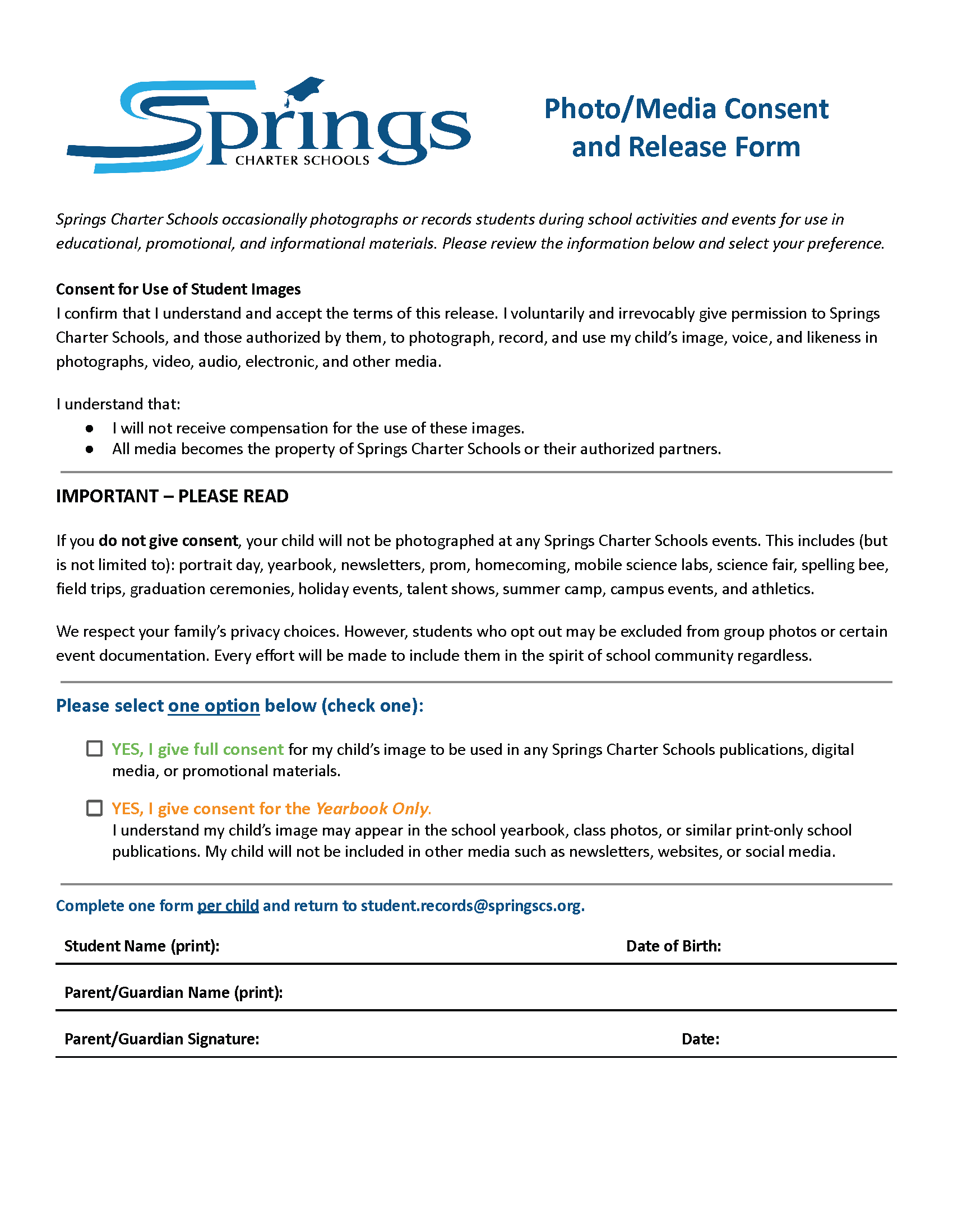 Student Photo Release Form - Springs Charter Schools